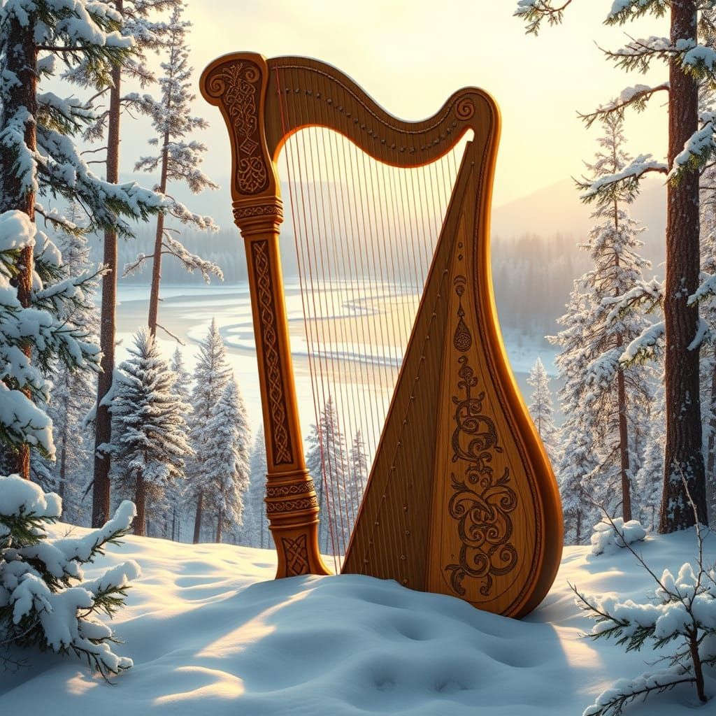 Ancient Irish Harp in Winter Wonderland - AI Art