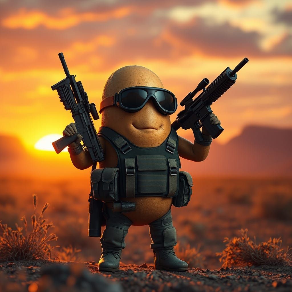 Surreal Heroic Potato in Tactical Gear at Sunset - AI Art