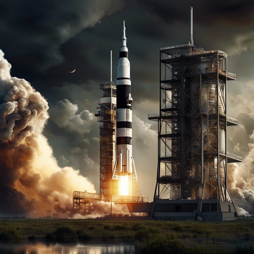 A glorious depiction of The Saturn V rising from the launch pad at Cape ...