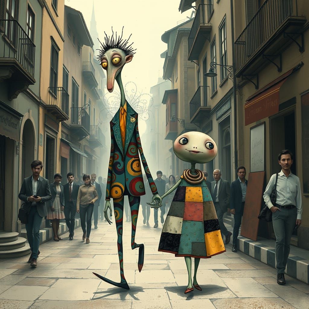 Walk - Whimsical Couple Strolls Through Enchanted Town