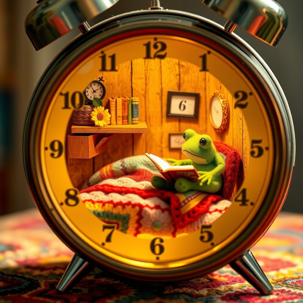 vintage alarm clock transformed into a cozy miniature room