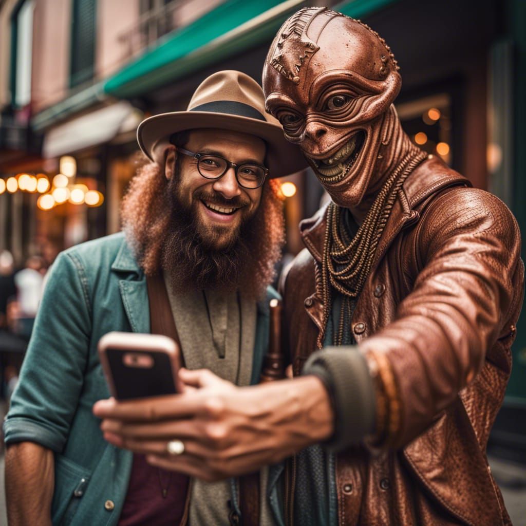 Hipster man, taking a selfie with a Friendly alien - AI Generated ...