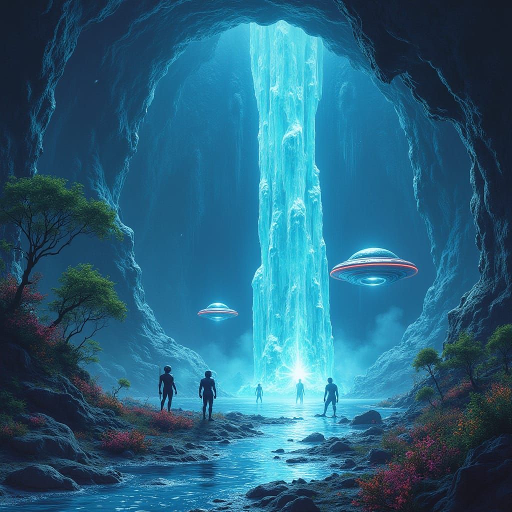 Icy Crystal Cave Alien Base in Comic Book Style - AI Art