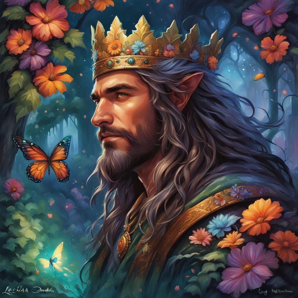 King of the fae, fairy king male character portrait colorful floral ...