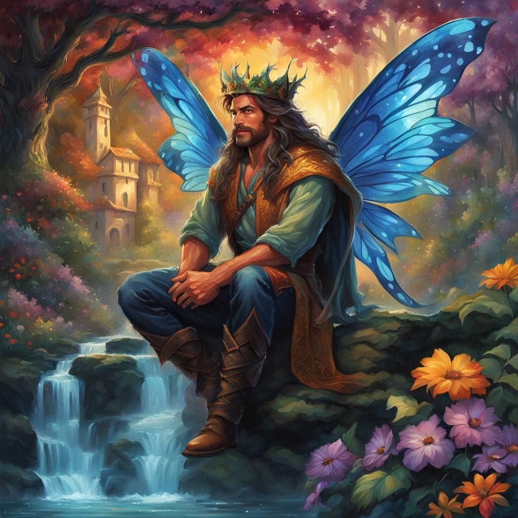King of the fae, fairy king male character portrait colorful floral ...