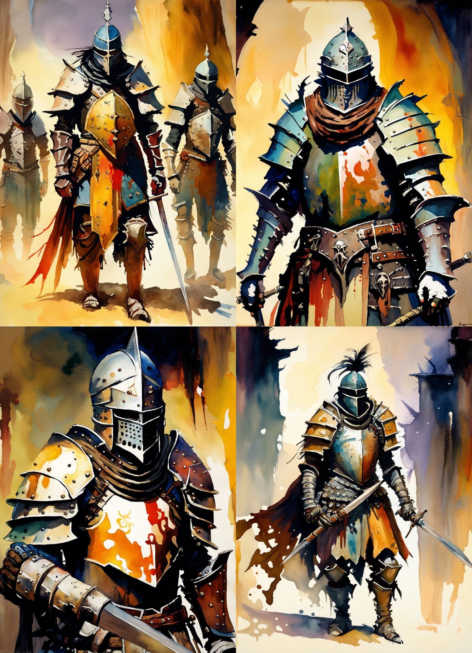 A warband in full Plate Armour in Gerald Brom Style, Watercolor, Museum Epic Impressionist ...