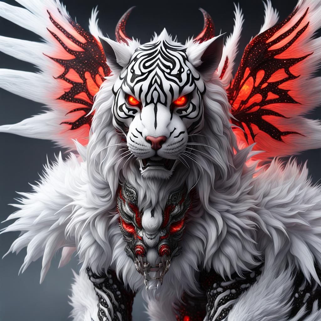 adorable large demon winged tiger demon, large sparking eyes, intricate ...