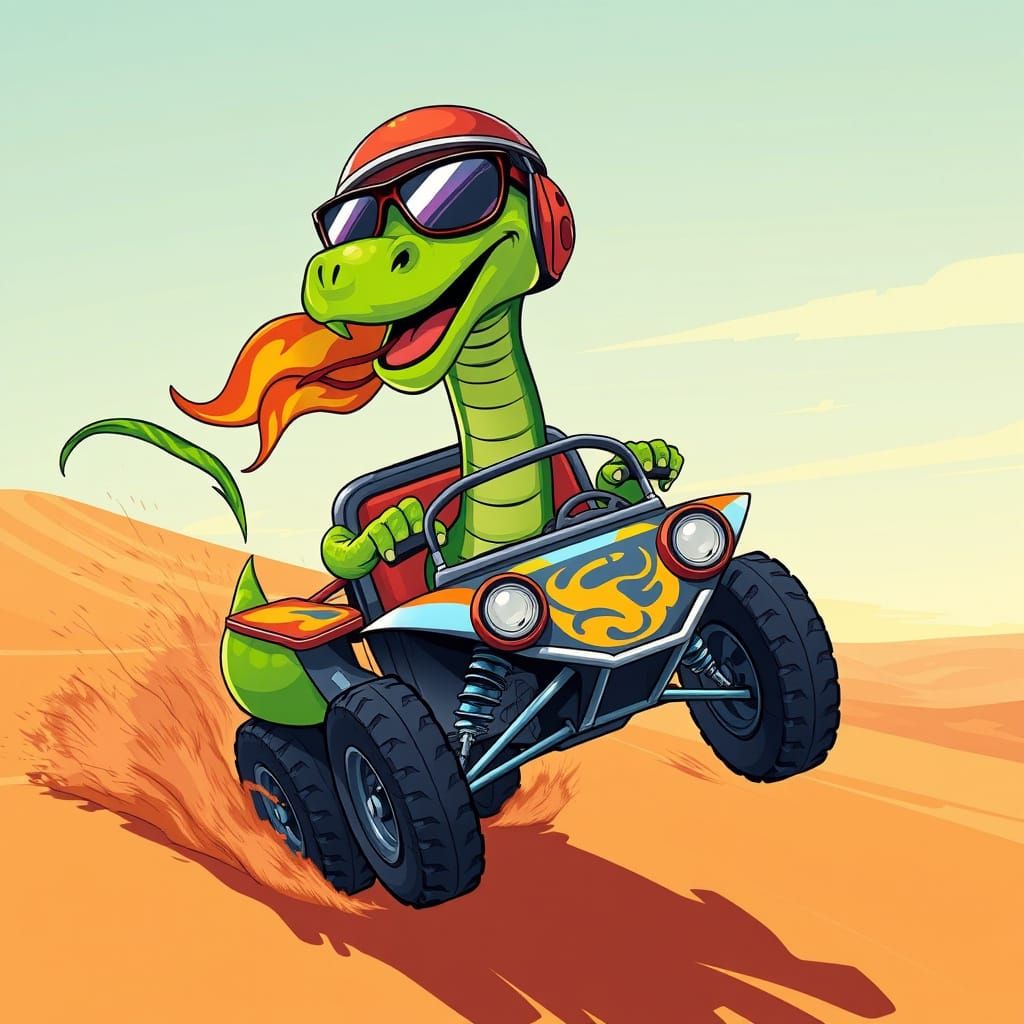 Green Snake Dune Buggy Sahara Illustration - AI Art