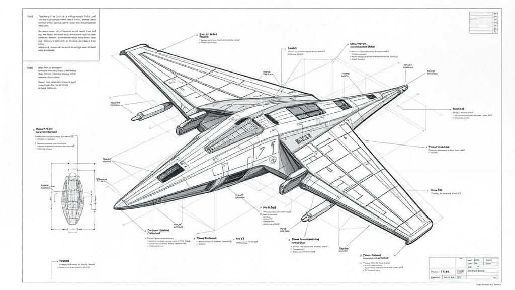 Engineering drawing: Dihedral wing spacecraft (include annotations)