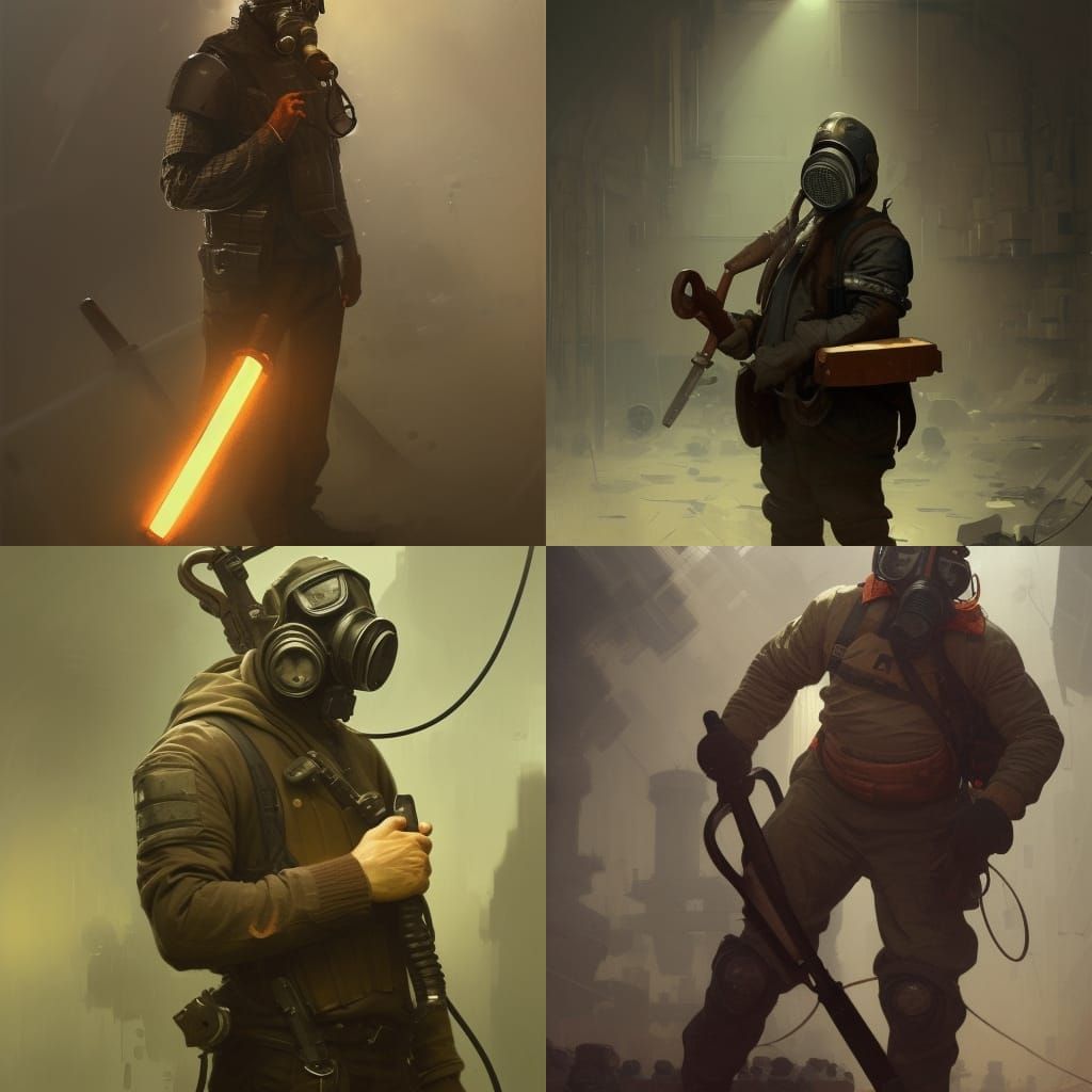 Factory worker carrying a sledge hammer and wearing a gas mask heavily ...