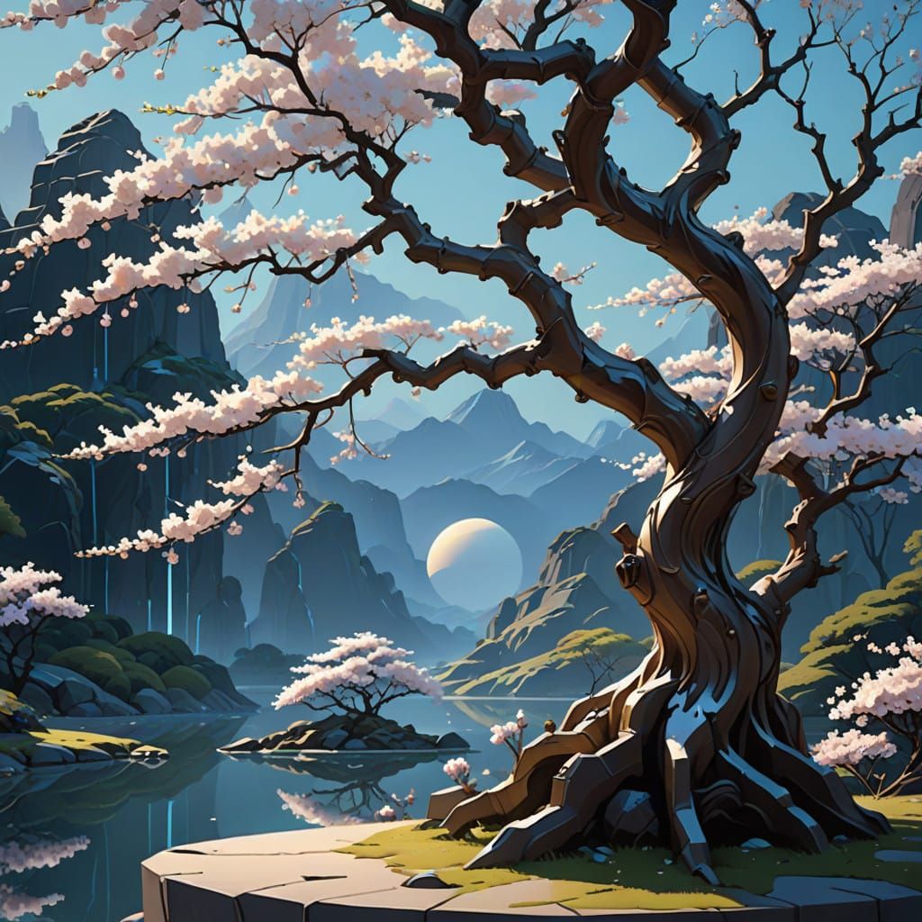 A regal, gnarled cherry blossom tree with strikingly dichotomous ...