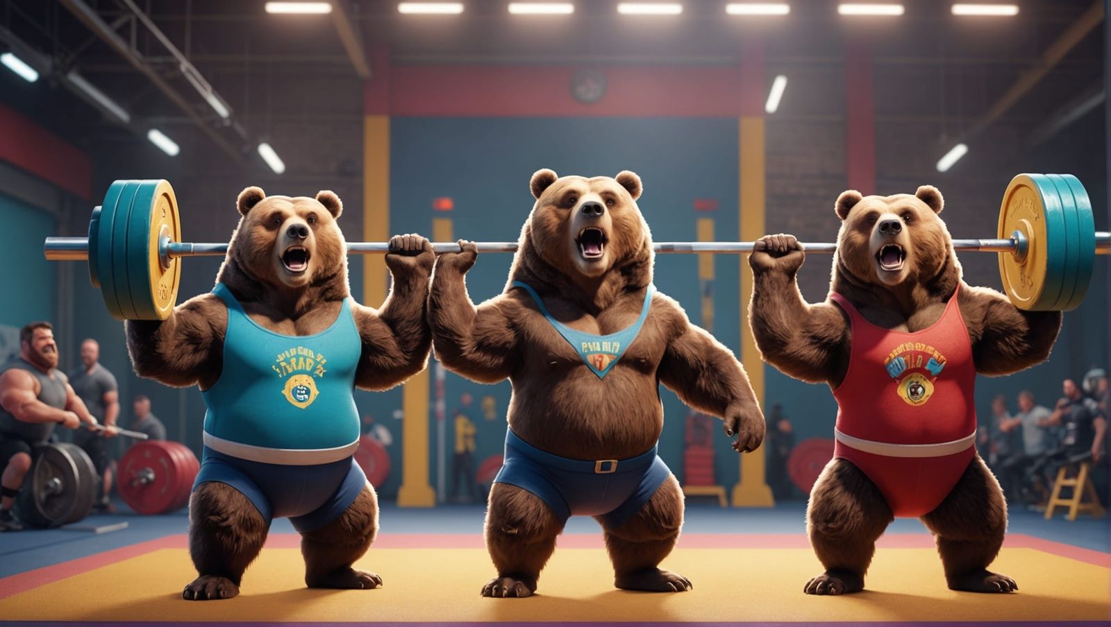 A humorous illustration of bears competing in a weightlifting ...