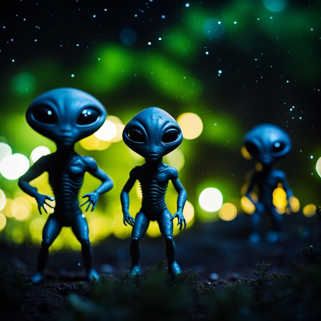 aliens near the spaceship. aliens species in a lush and dark night ...