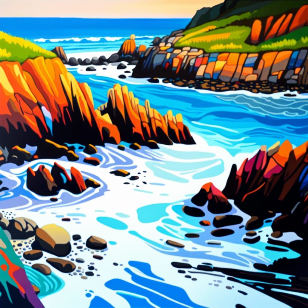 magical craggy cliffs, low tide, rocky tidepool, ocean, graffiti mural ...