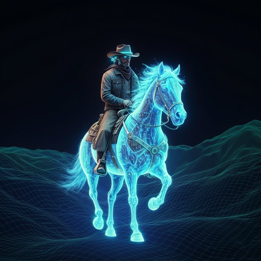 Desperado - Futuristic Weathered Cowboy Rides Holographic Ho...