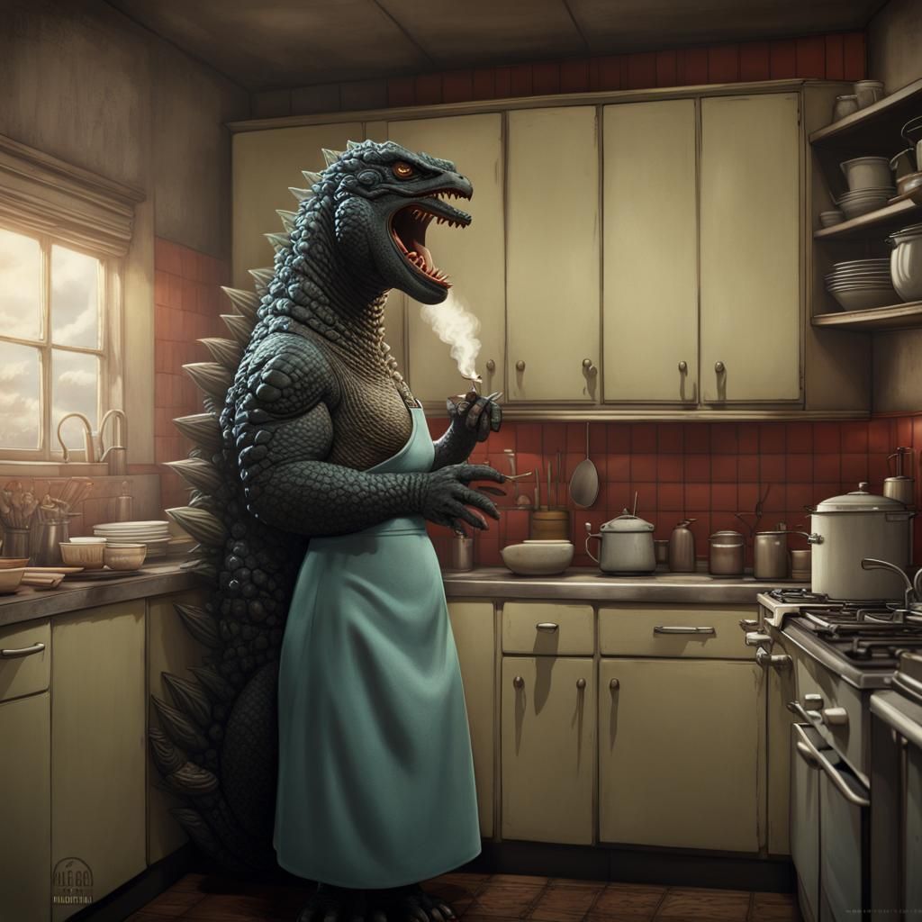godzilla, 1950s housewife, dress, feminine, kitchen, apron, very angry ...