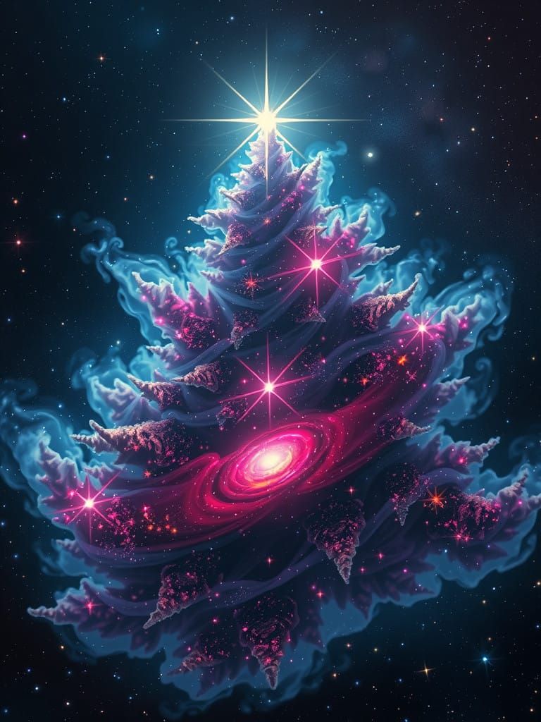 A gigantic and gigantic unreal space Christmas tree is flying in outer ...