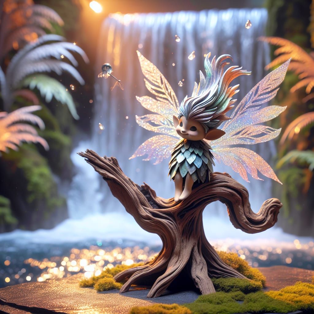 Whimsical Sprite Perched on Ancient Branch - AI Art