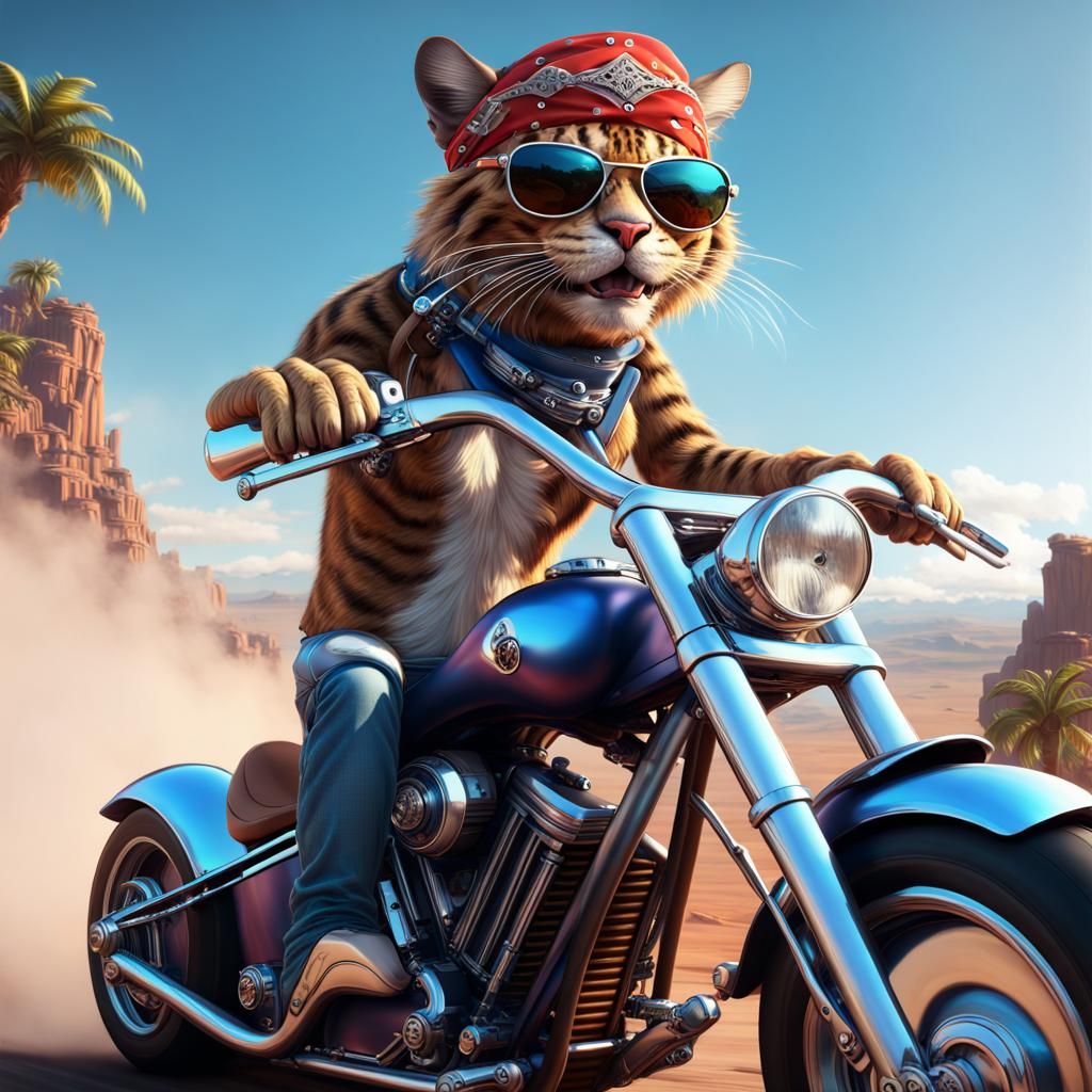 Big cat wearing sunglasses and a bandanna riding a mega cool chopper ...