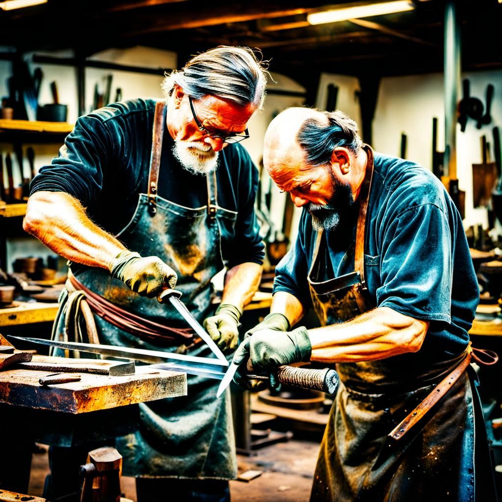 A master and apprentice blade smith creating a masterpiece of a sword ...