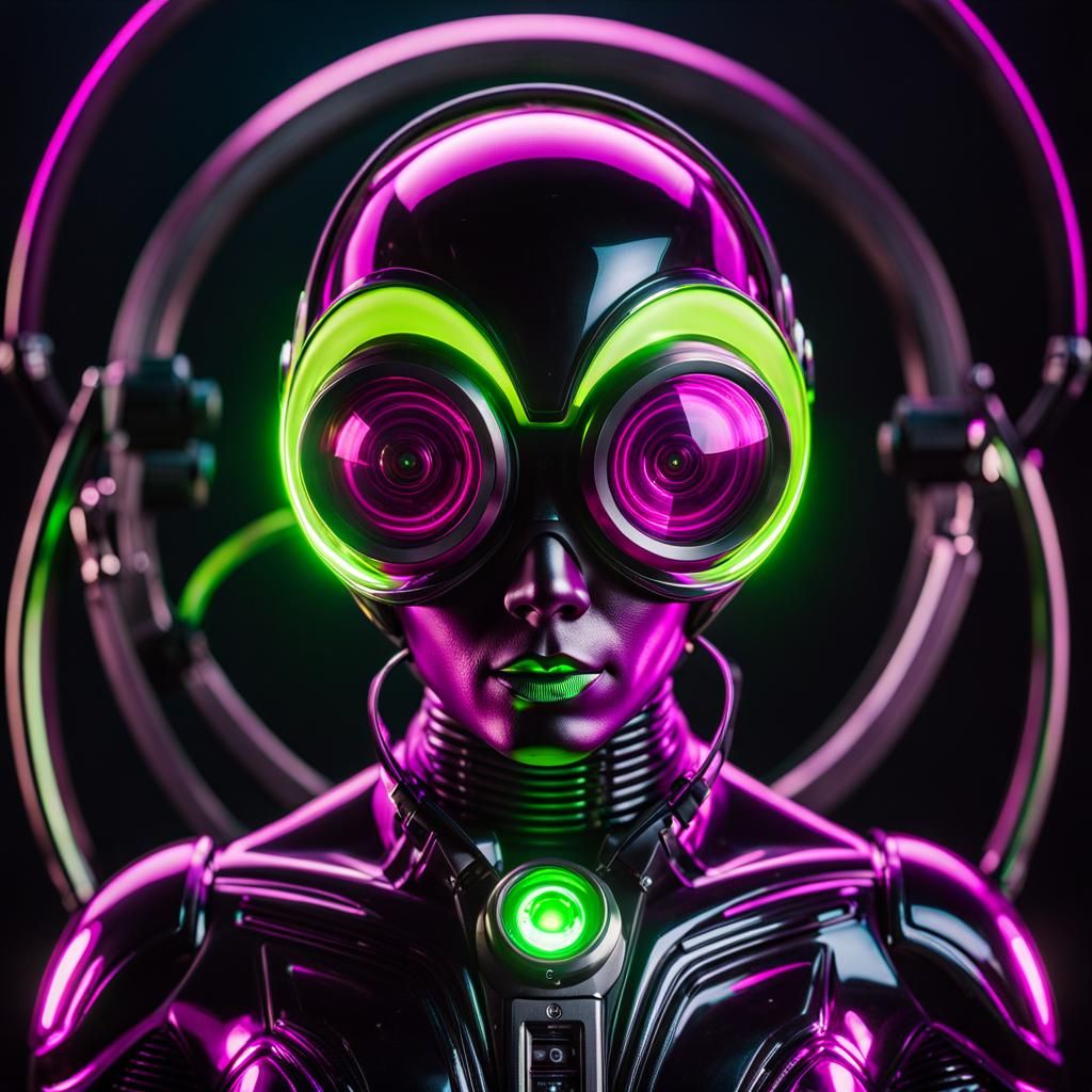 a glowing magenta and lime green alien clockwork portable probe ...