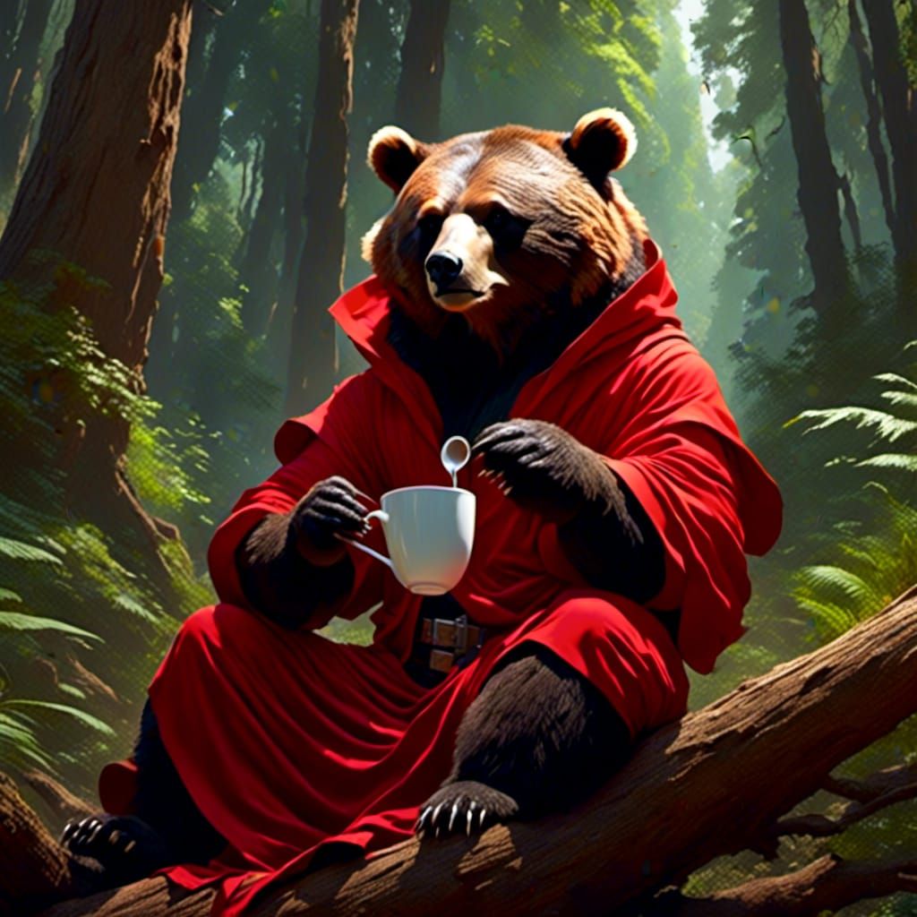 a painting of a bear holding a cup of coffee, vector art, inspired by ...