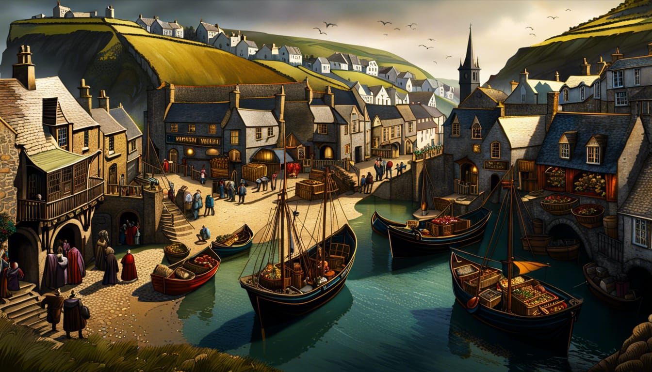 A busy scene in Port Isaac fishing village, Cornwall UK in the middle ...