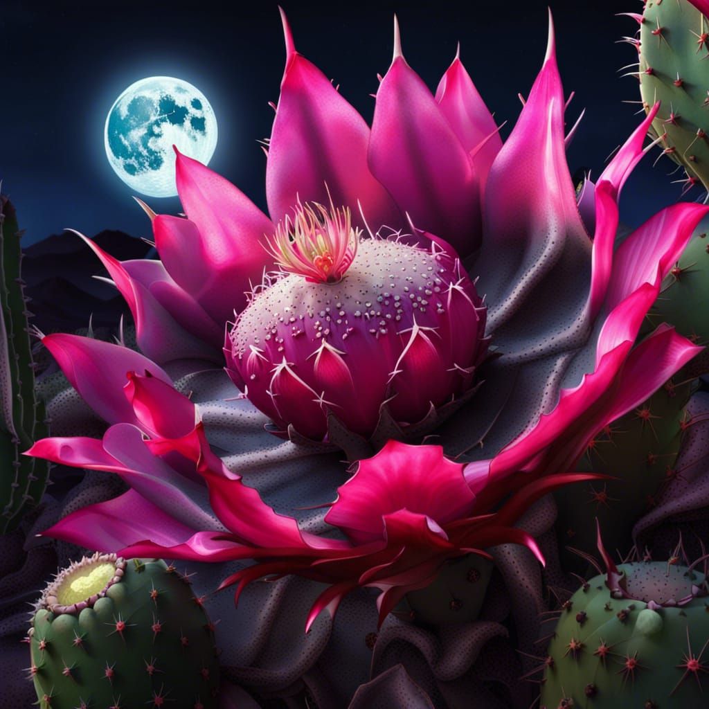 Night blooming cactus, dragon fruit flower, under the harvest moon ...