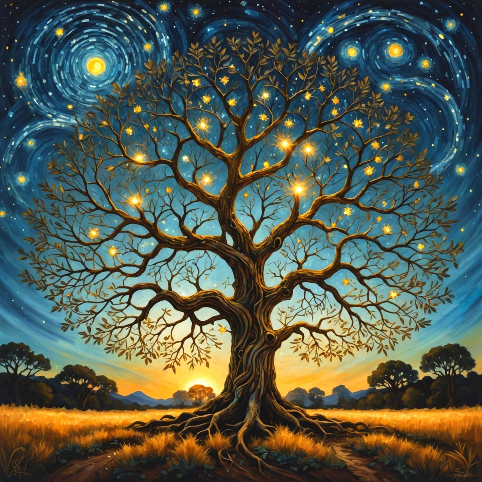 The golden tree - Majestic Tree of Life Illuminates Starry ...