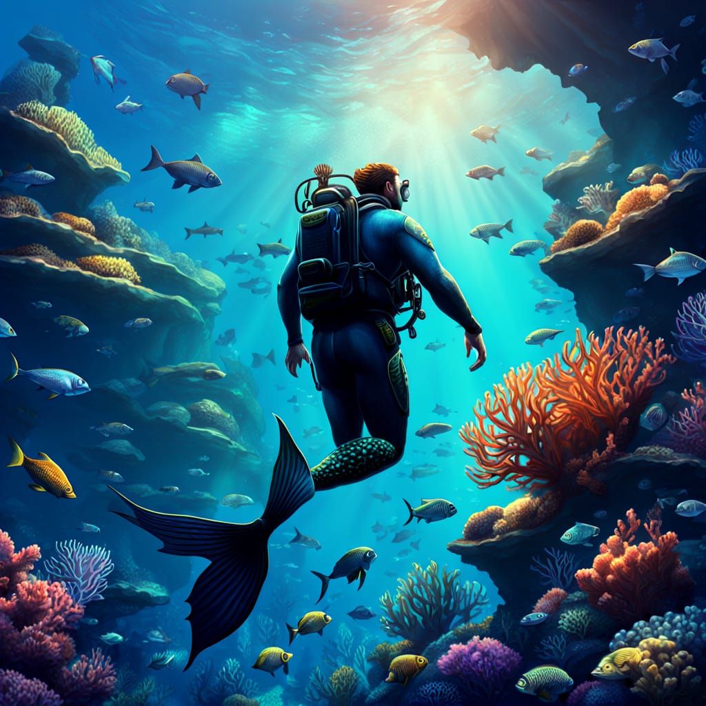 Merman's Dive: Vibrant Underwater Fantasy Art - AI Art