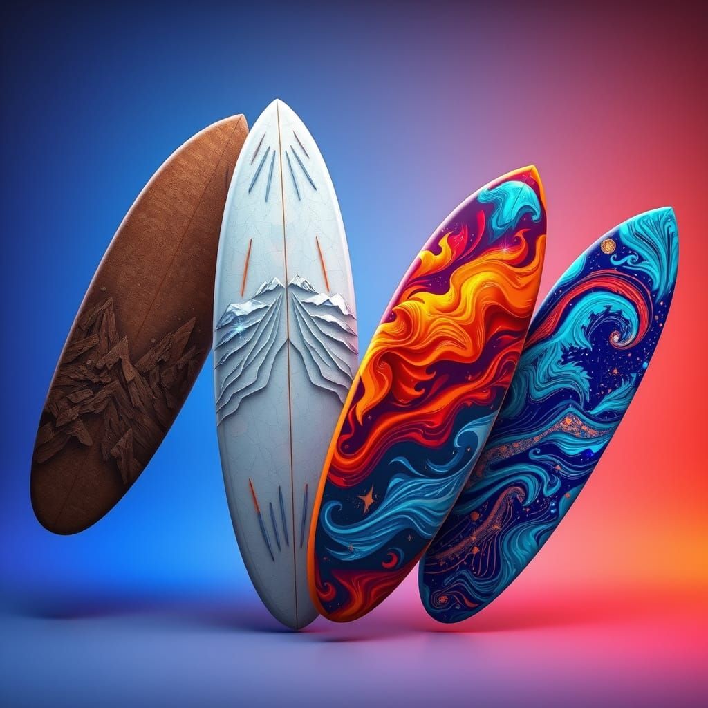 A set of 4 modern surfboards arranged in a dynamic diagonal composition ...