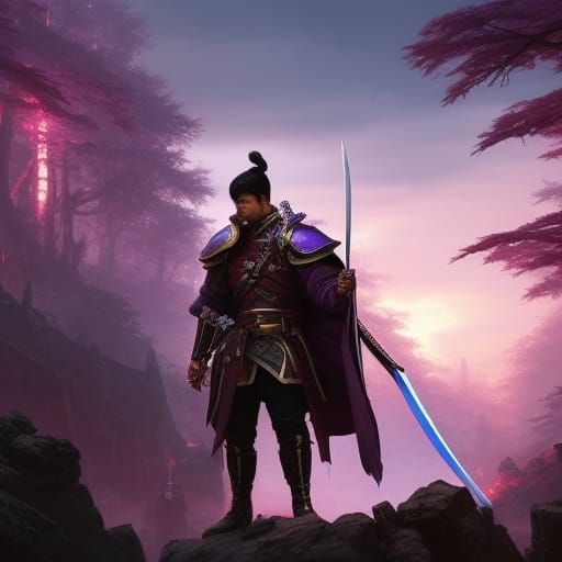 A purple samurai warrior with a glaive looking into the distance a ...