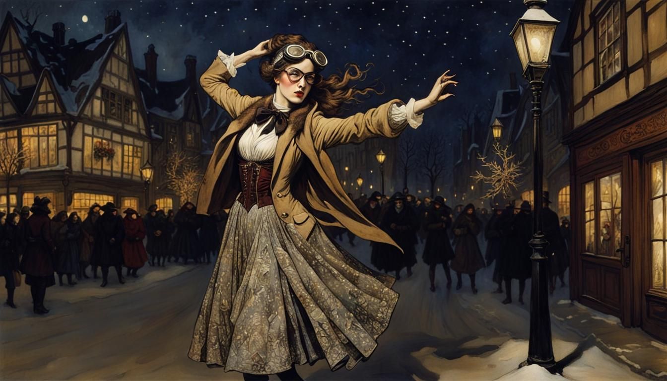 Eccentric girl dancing through a town lit up for winter holidays ...