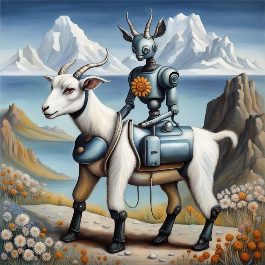 Goat Bot - Surreal Robot Goat in a Mountain Flower Field