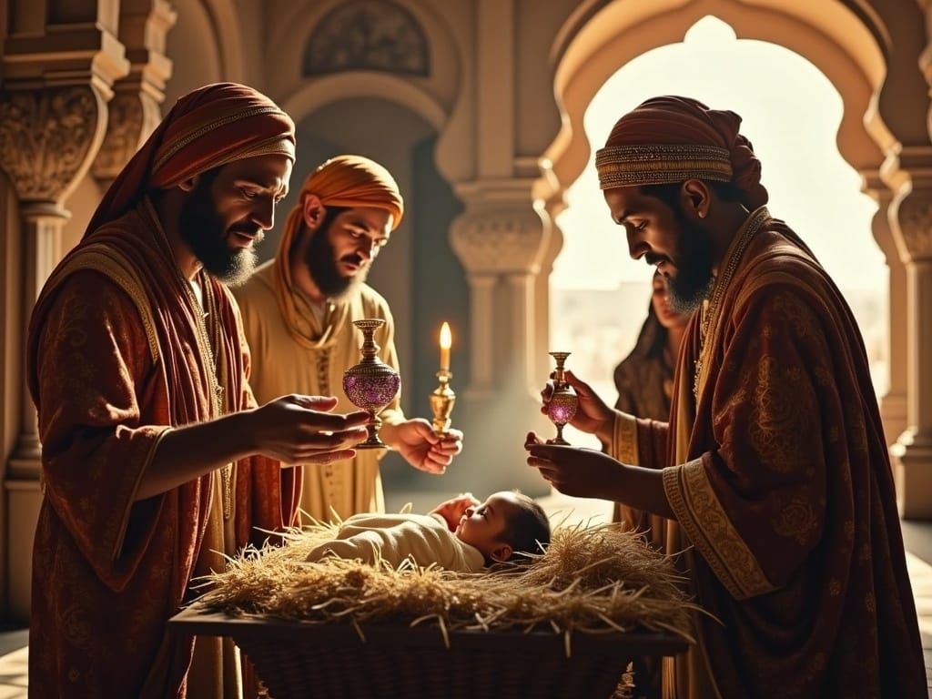 Ancient Wise Men Adore Baby Jesus in Mystical Real... - AI Art