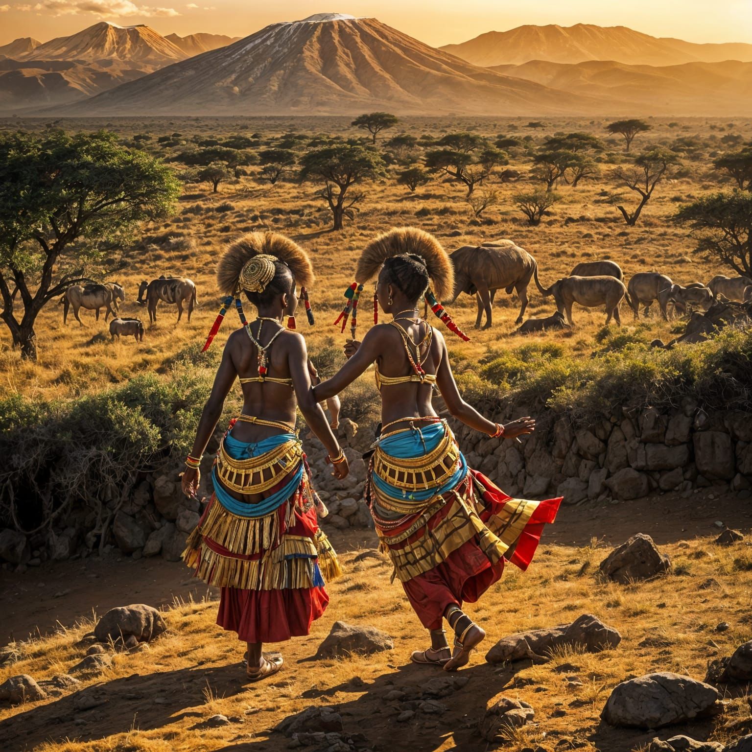 Sisters Maasai tribe's colorful dance Mount Kilimanjaro's landscape