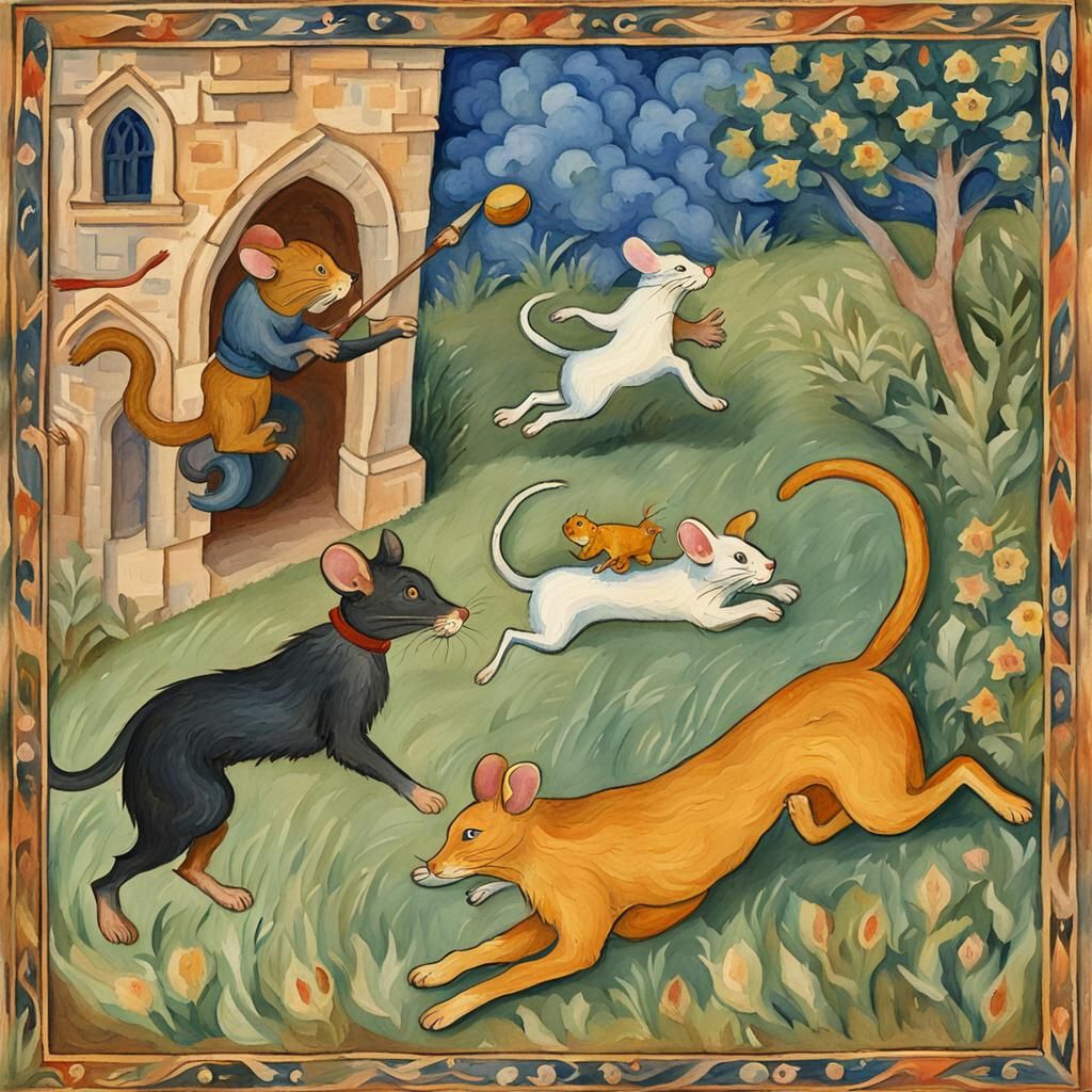 Medieval manuscript illumination of a mouse chasing a cat chasing a dog ...