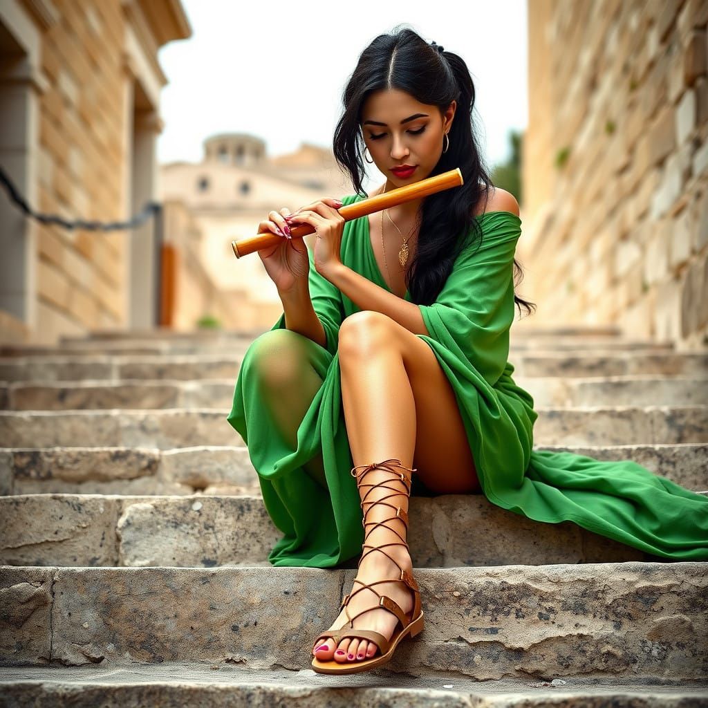 Elegant Greek Goddess Blows Flute on Ancient Stair... - AI Art