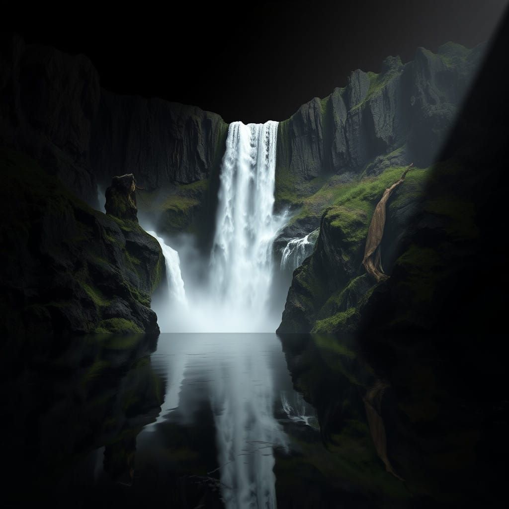 Illustrated by Caspar David Friedrich: image of a waterfall on the cliff