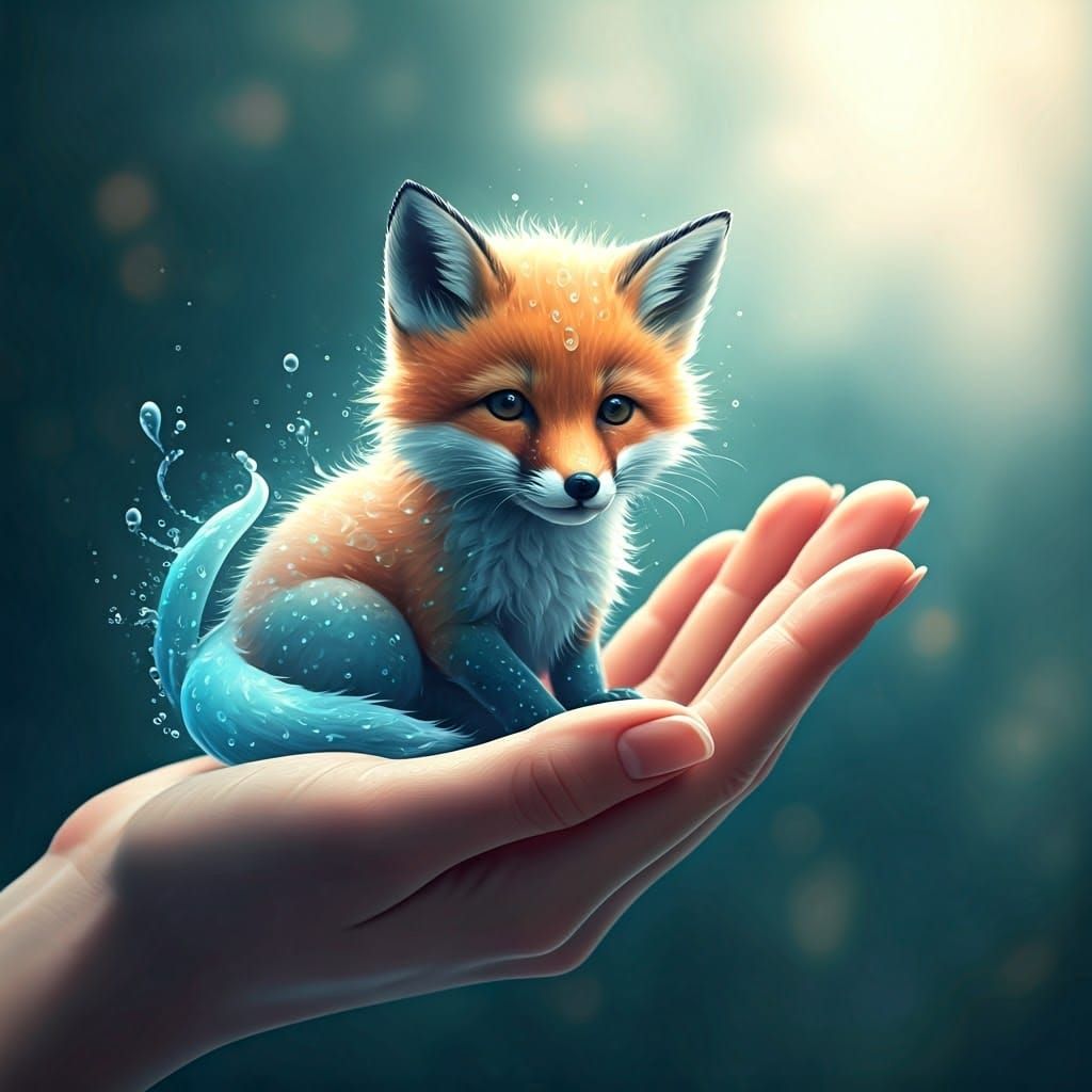 Radiant Water Fox Cub in a Gentle Hand - AI Art