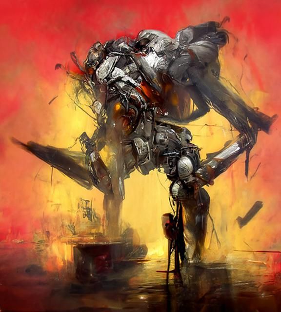 A pencil sketch of a large realistic mech fighting it’s way through a ...