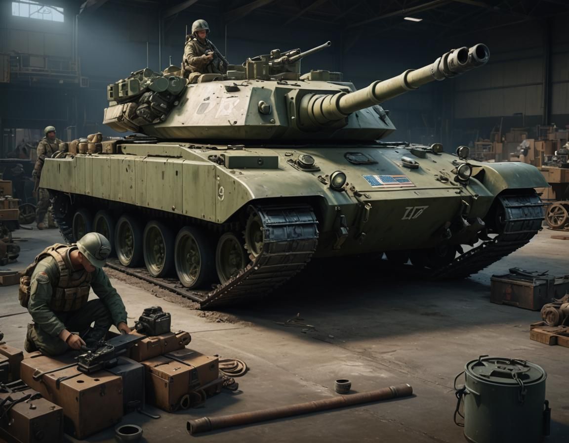 modern American tank being repaired in a military warehouse, mechanical ...