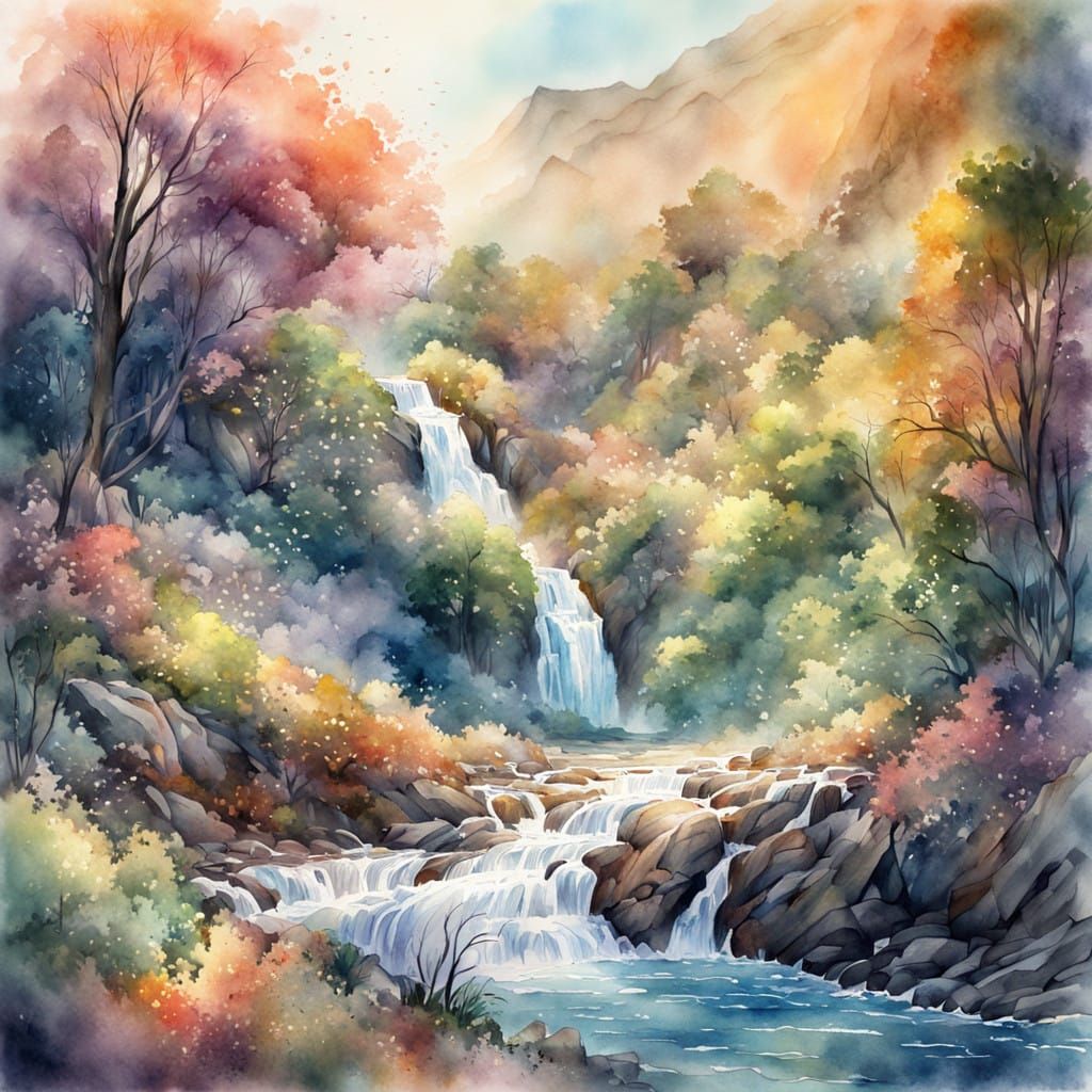 Vibrant Watercolor Mountainscape Reveals Morning's... - AI Art