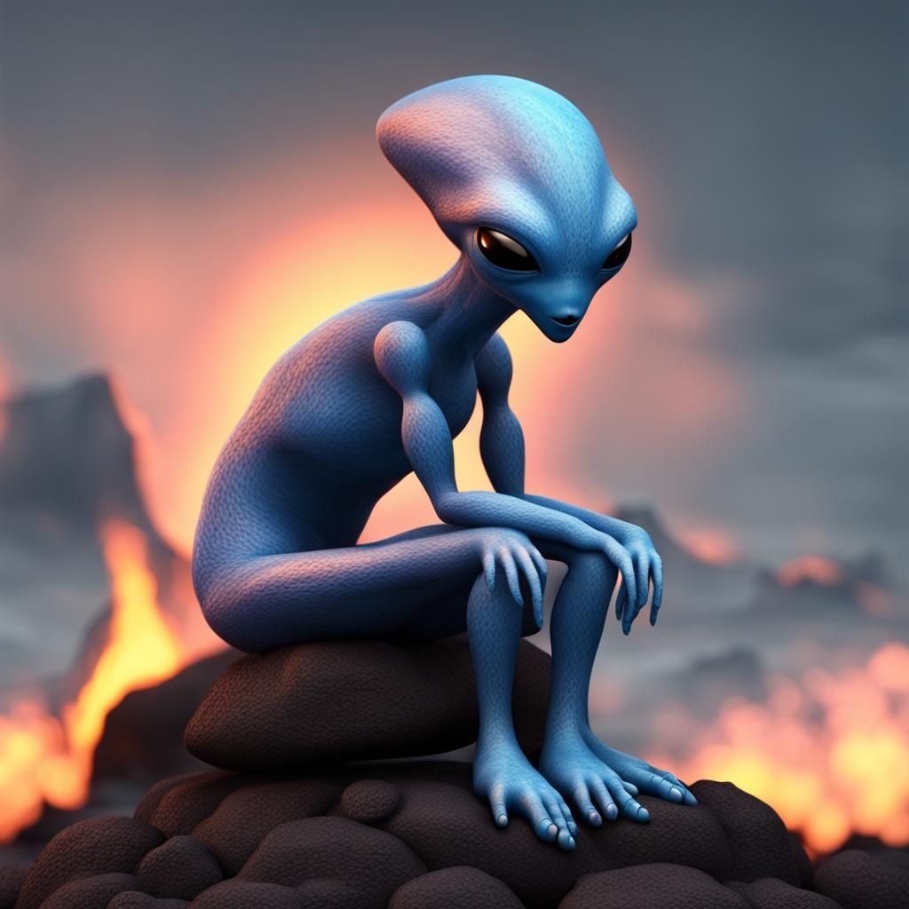 Pretty innocent blue alien creature sitting on a lava rock - AI ...