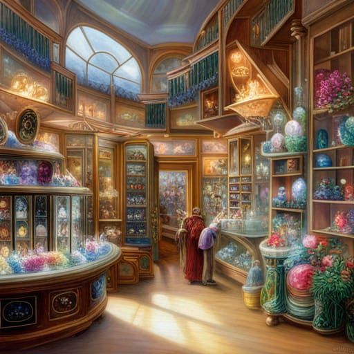 The inside of a crystal shop, with displays of many different types and ...