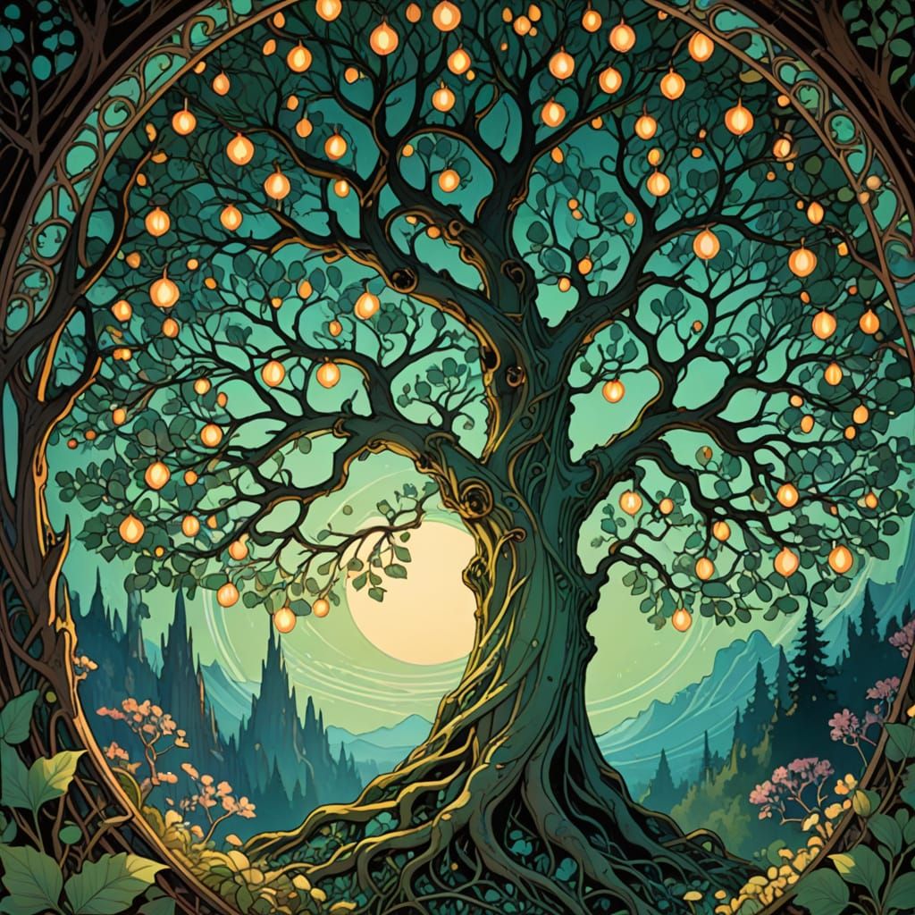 Aurora Fruit Tree - Dreamlike Art Nouveau Bioluminescent Tre...