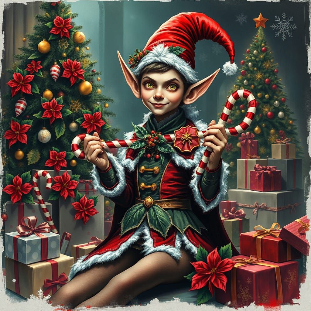 Beautiful Christmas elf, full body. Tim Burton Dan Mumford art deco ...