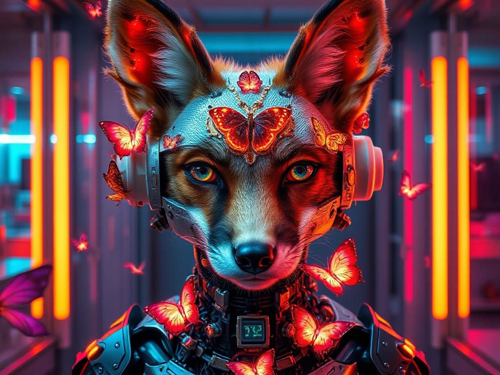 Cyborg Fox Goddess in Neon-Lit Laboratory - AI Art