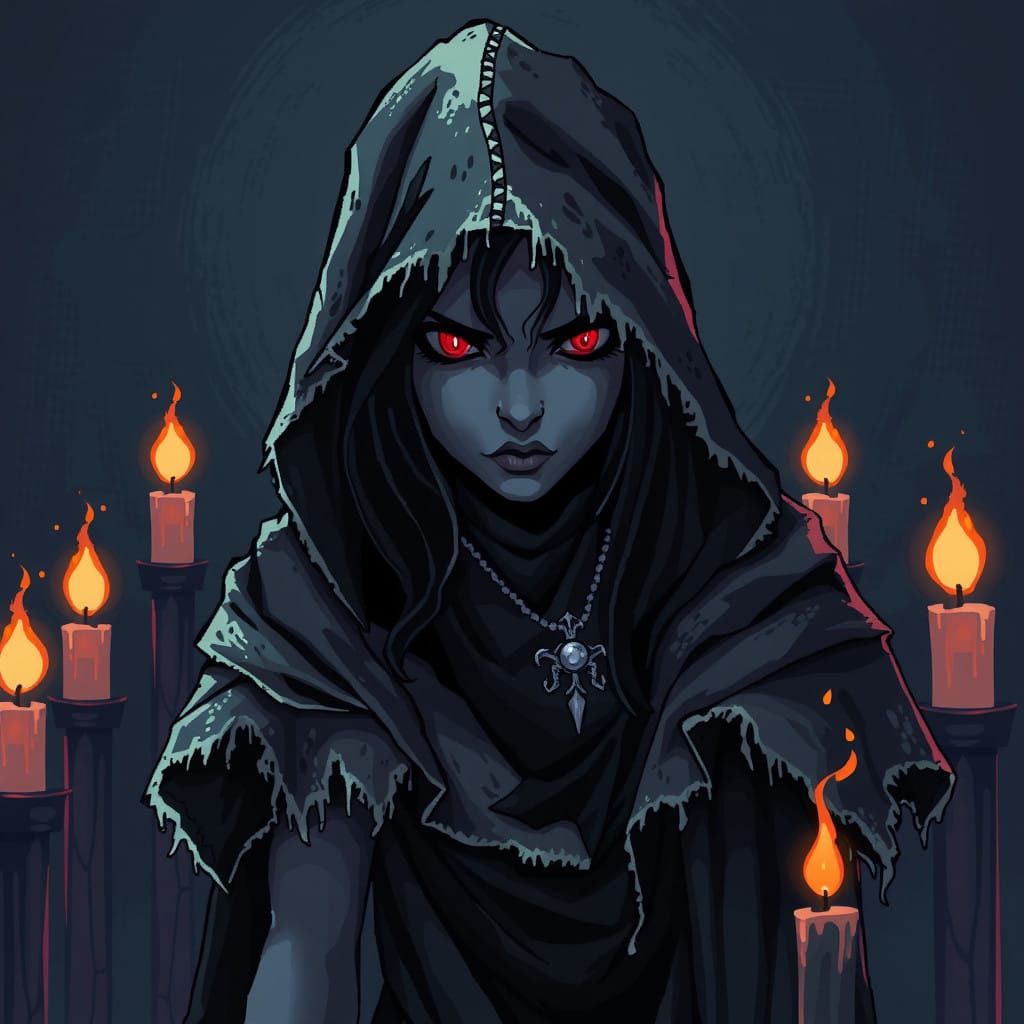 A dark, mystical goddess of ice and fire, cloaked in a hooded, tattered ...