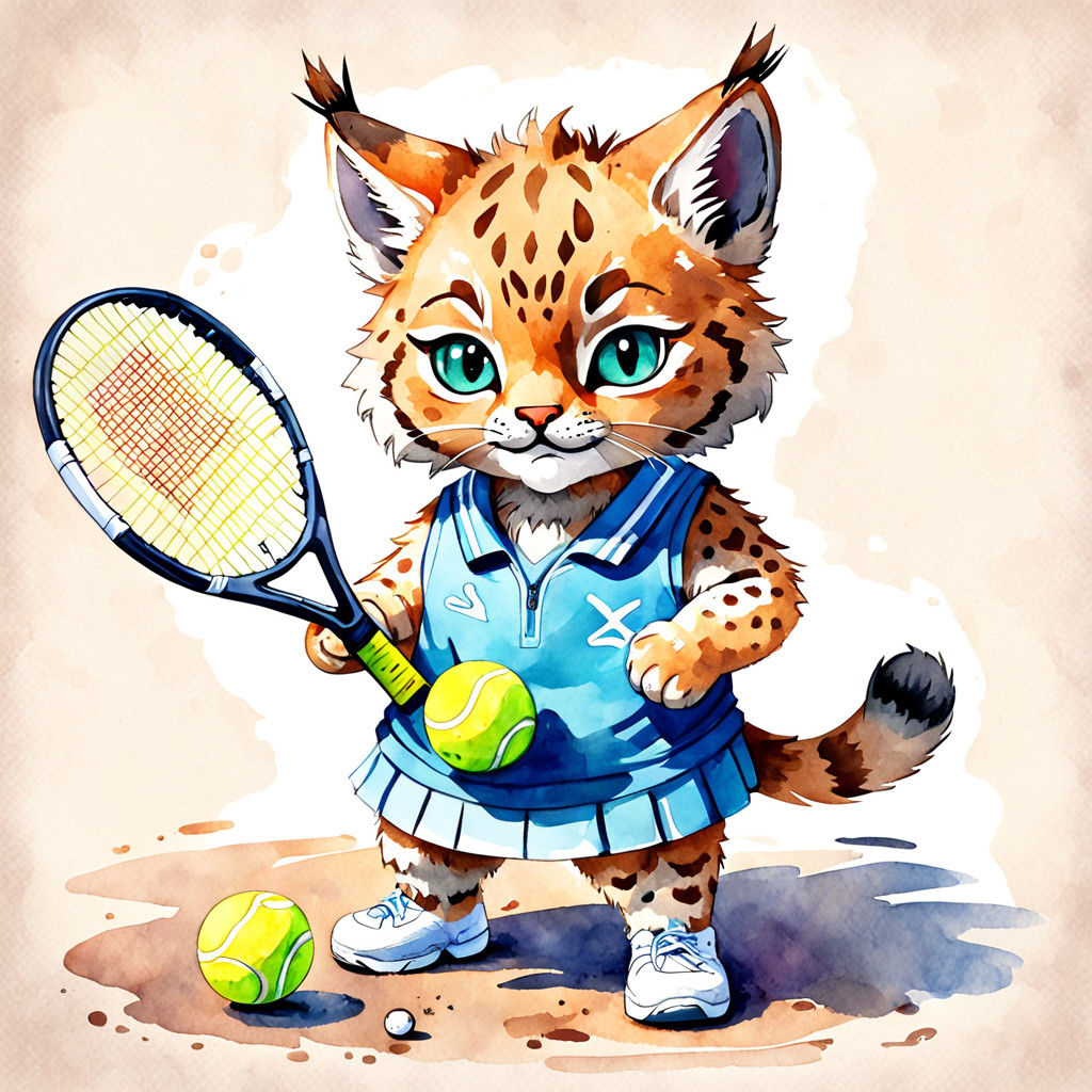 Whimsical Watercolor Tennis Lynx Cub - AI Art